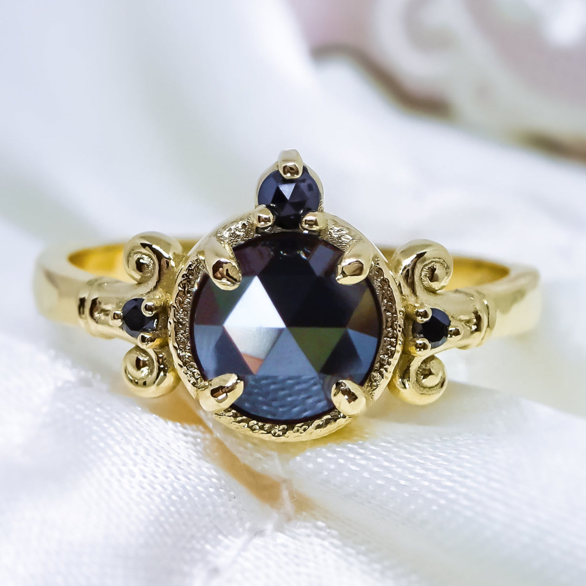Medieval Art natural Black Diamond Engagement Ring in 9ct Yellow Gold ...